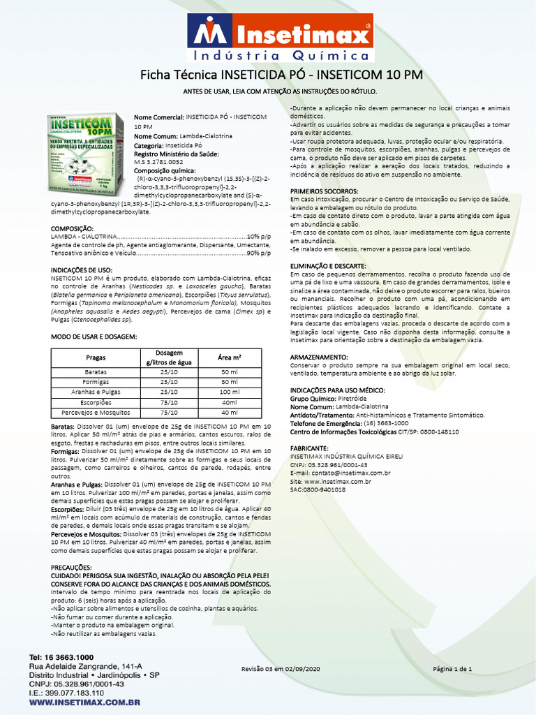 Ficha Tecnica Insetcom 10 PM - Lambda | PDF | Inseticida