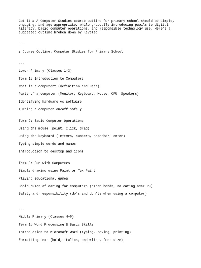 Computer Studies Course Outline for Kids | PDF | Microsoft Excel ...