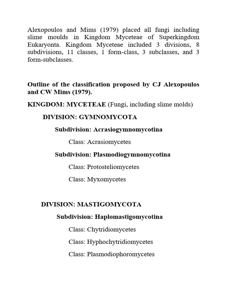 Classification of Fungi by Alexopoulos and Mims | PDF