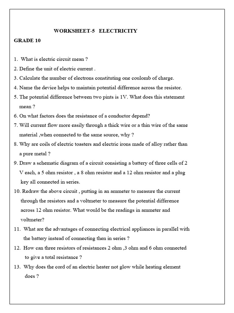 Grade 10 Electricity Worksheet | PDF | Series And Parallel Circuits ...