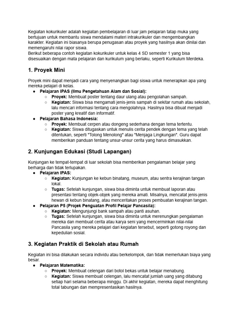 Contoh Kegiatan Kokurikuler Kls 4 Semester 1 | PDF