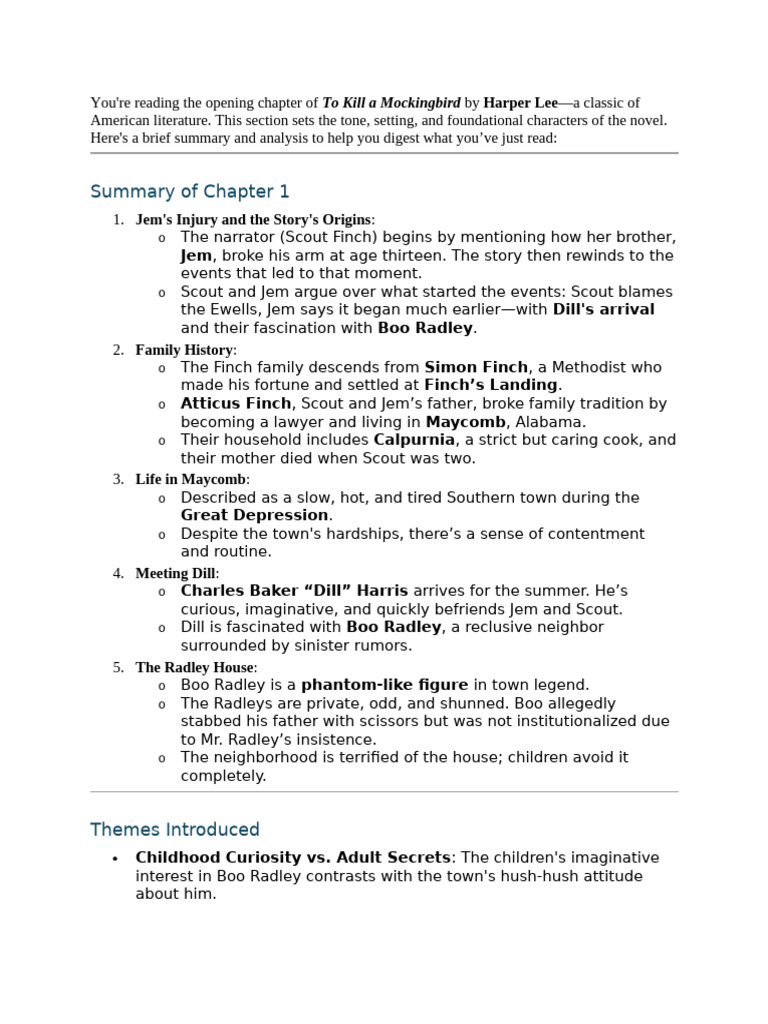 To Kill a Mockingbird Chapter 1 Summary | PDF | To Kill A Mockingbird