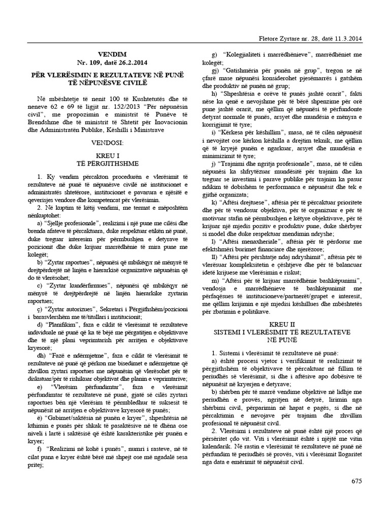 +VKM Nr. 109, Datë 26.2.2014 Për Vlerësimin e Performancës Në Punë | PDF