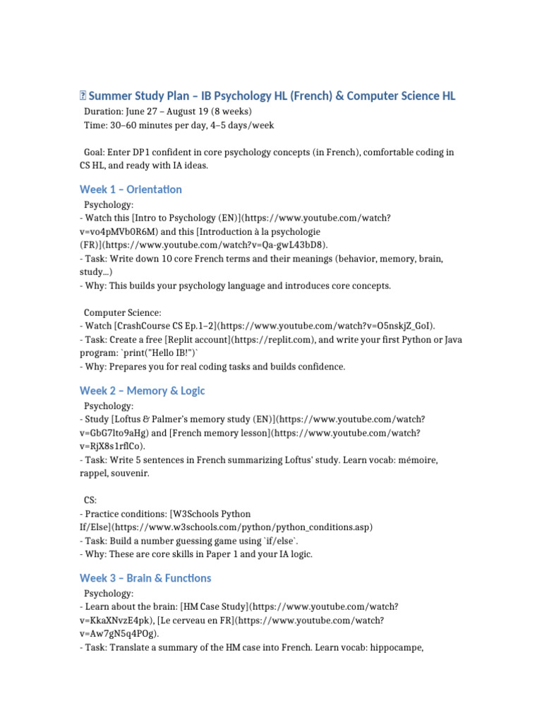 DETAILED Summer Plan CS Psych With Links | PDF | Psychology | Cognitive ...