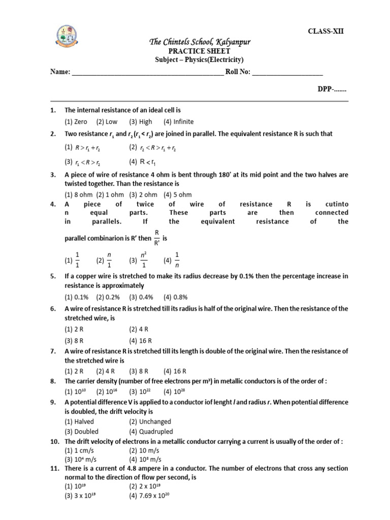 Class XII Physics Practice Sheet: Electricity | PDF | Series And ...