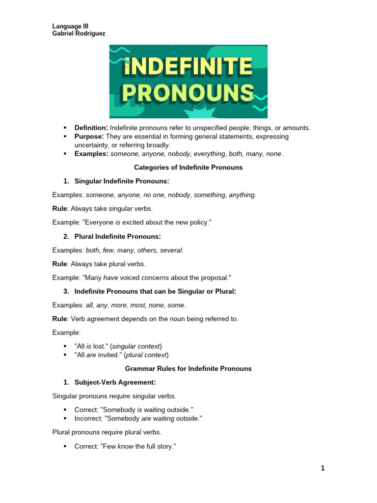 Understanding Indefinite Pronouns in English | PDF | Grammatical Number ...
