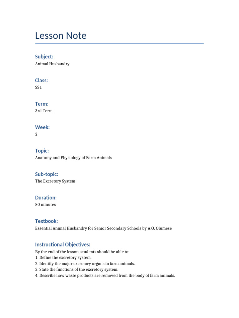 SS1 Animal Husbandry Excretory System Lesson Note | PDF | Excretion ...