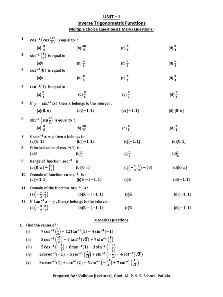 Inverse Trigonometric Functions MCQs | PDF | Function (Mathematics ...