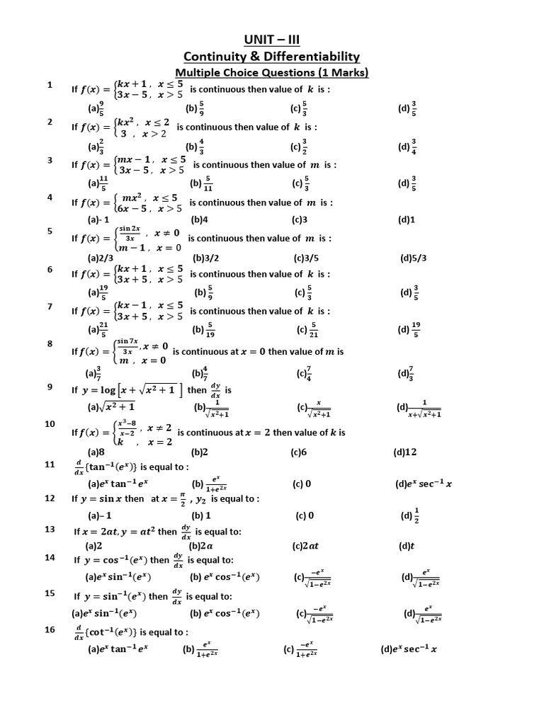 Continuity and Differentiability MCQs | PDF | Calculus | Complex Analysis