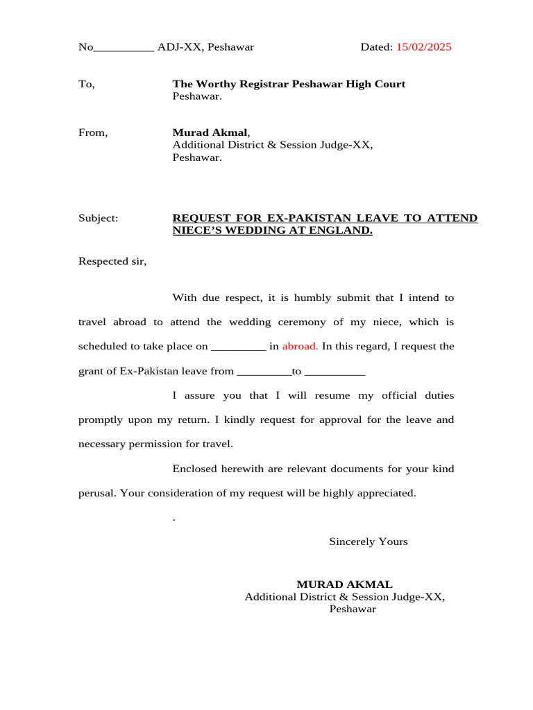Letter To Registrar PHC For For Ex Pakistan Leave | PDF