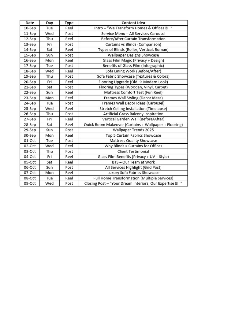 30 Days Content Calendar For SF Home Decor | PDF