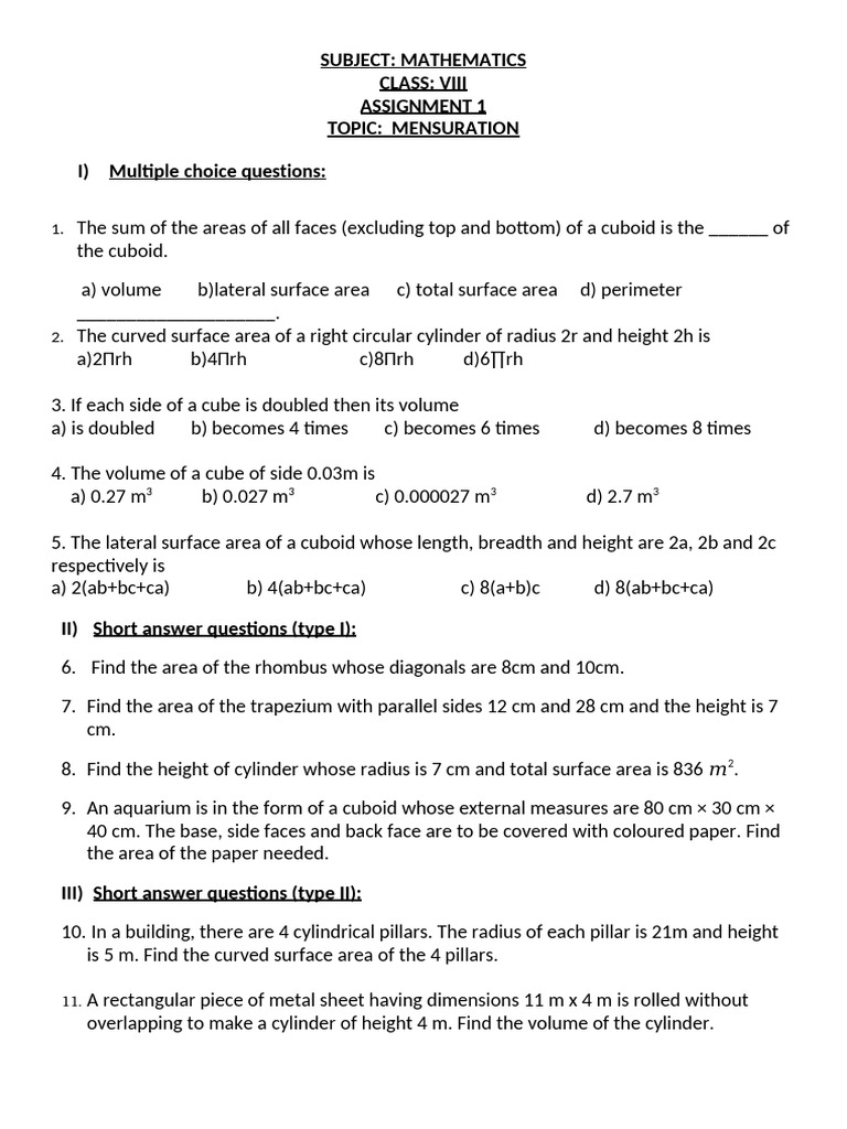 Mensuration Assignment for Class VIII | PDF | Area | Volume