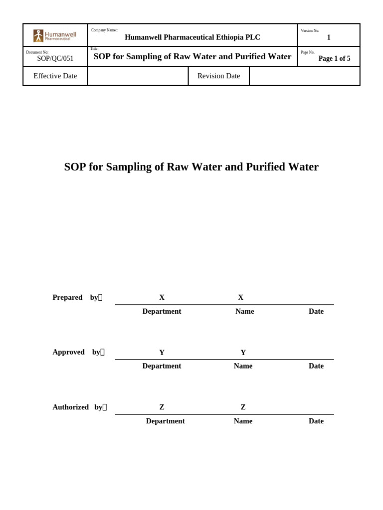 SOP For Sampling of Raw Water and Purified Water | PDF | Purified Water