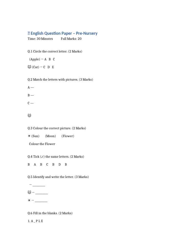 English PreNursery QuestionPaper | PDF