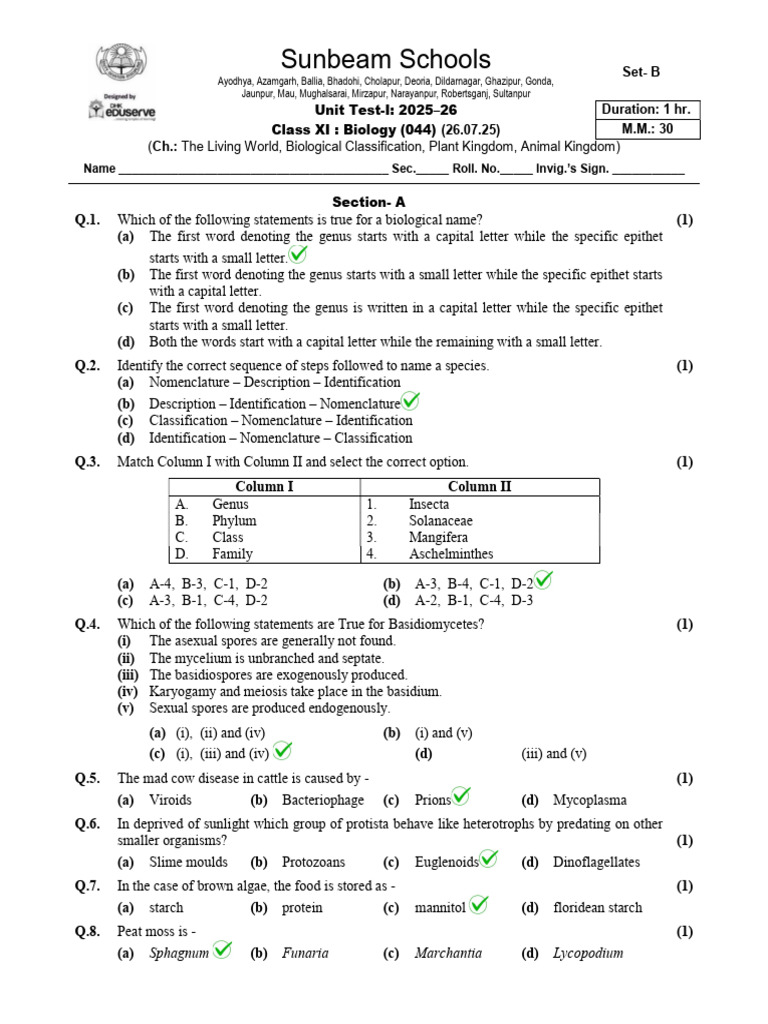 Class 11 Biology Unit Test 2025-26 | PDF | Genus | Organisms