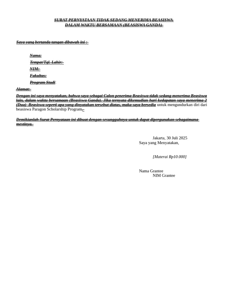 [MAKE a COPY] Template Surat Keterangan Tidak Menerima Beasiswa Lain | PDF
