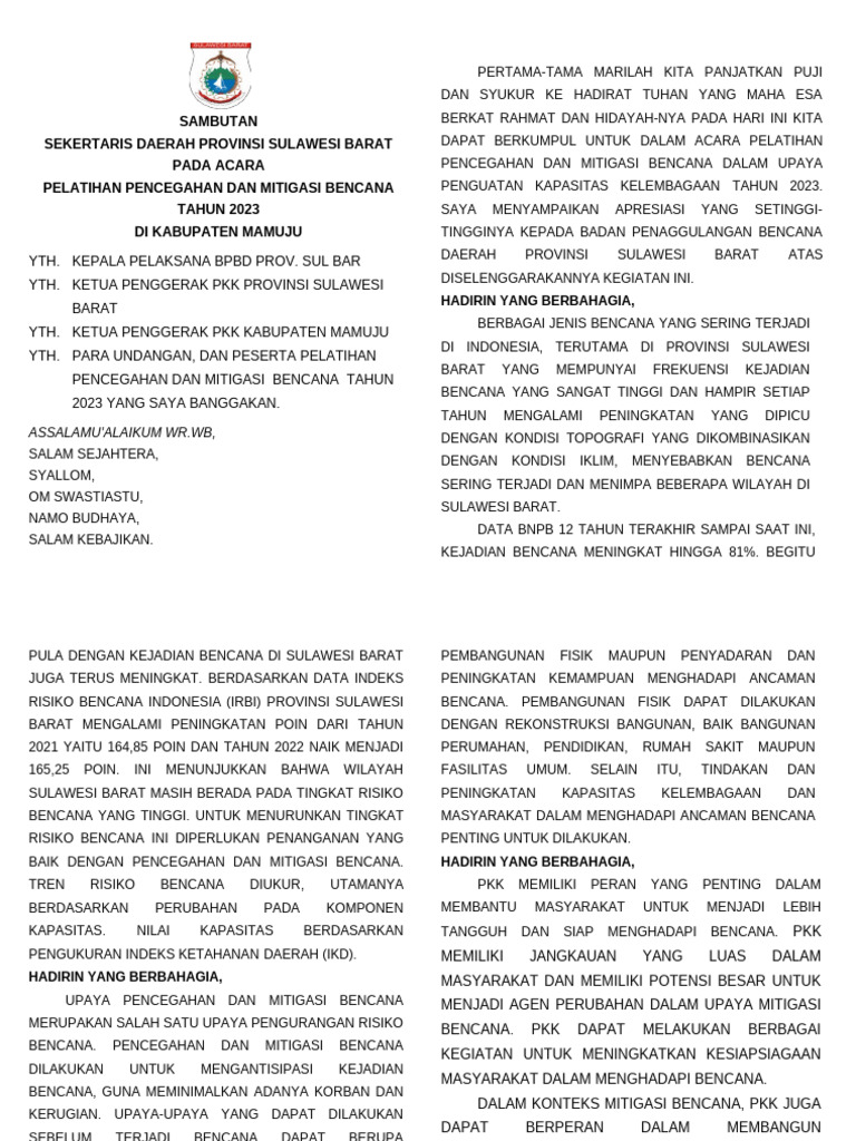 Sabutan Setda Pelatihan Pencegahan Dan Mitigasi Bencana | PDF