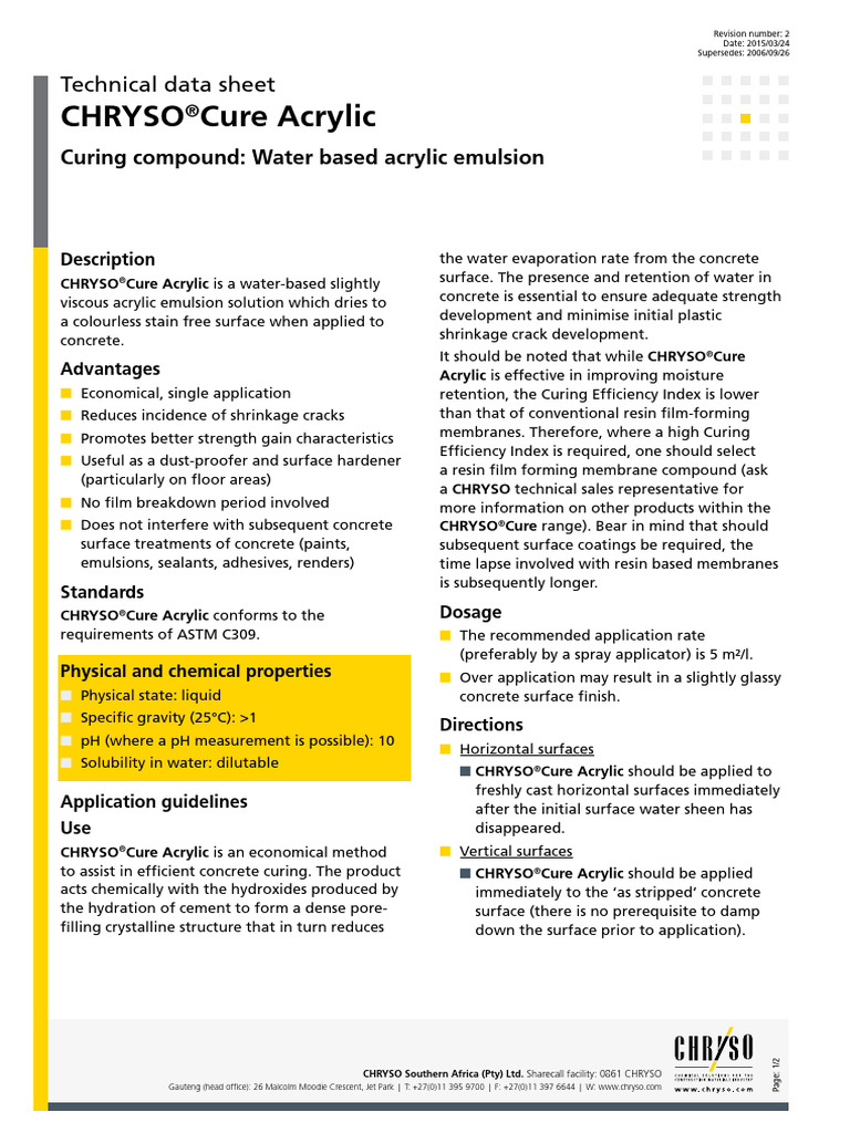 Chryso Cure Acrylic Tds | PDF | Concrete | Acrylic Paint