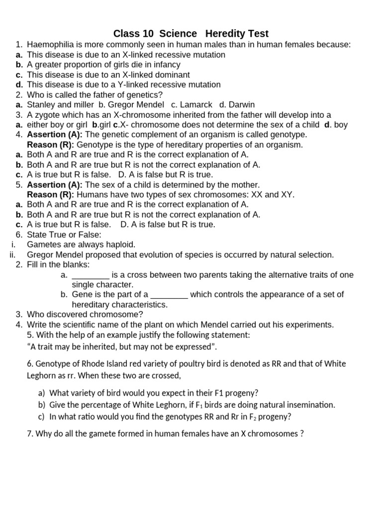 Class 10 Heredity Test Questions | PDF | Heredity | Sex