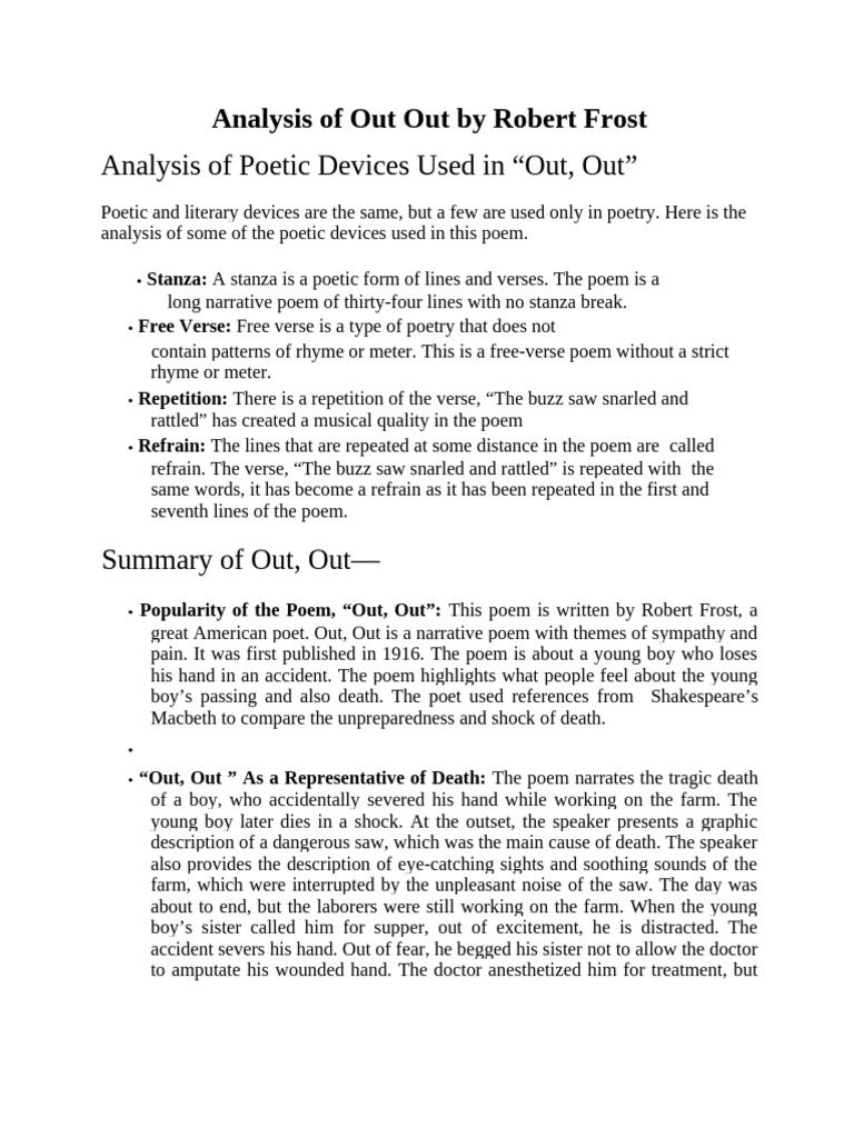 Analysis of Frost's "Out, Out" Poem | PDF | Poetry | Metre (Poetry)
