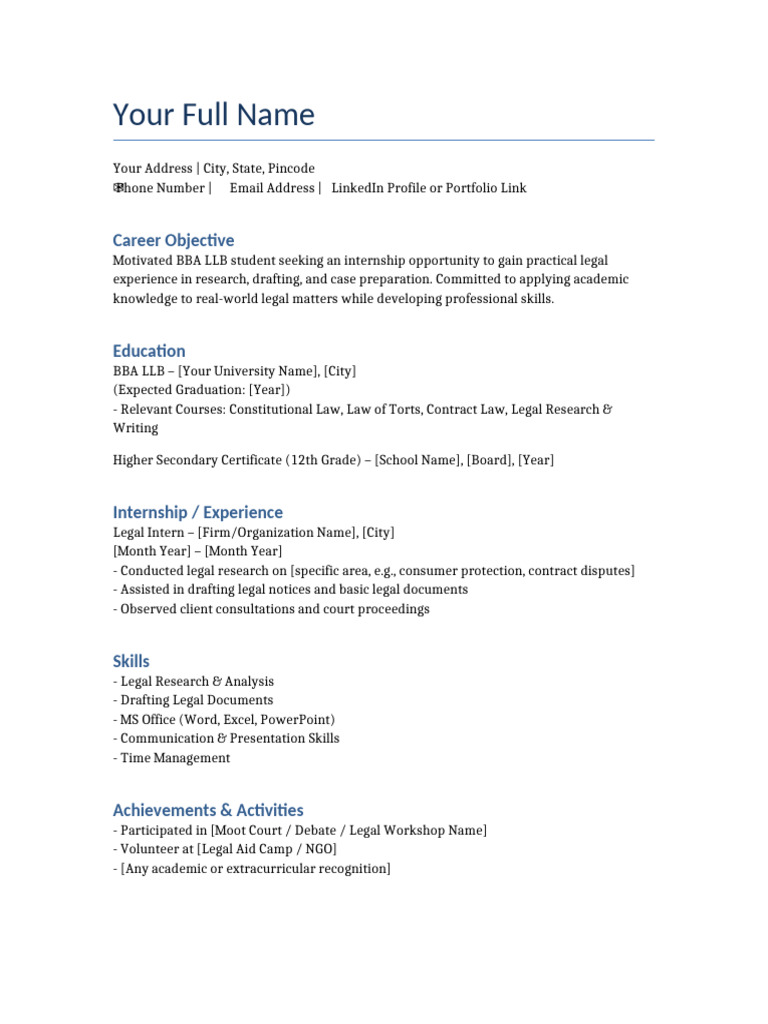 BBA LLB Student Internship Resume | PDF