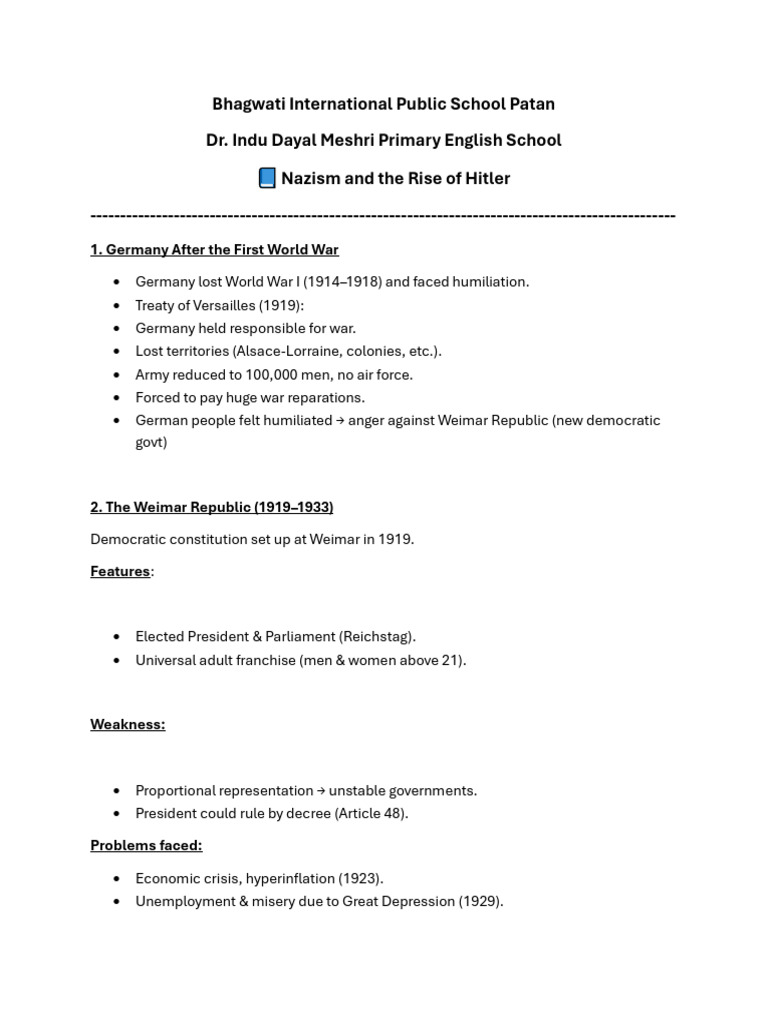 Notes - Nazism and The Rise of Hitler | PDF | Nazi Germany | Weimar ...