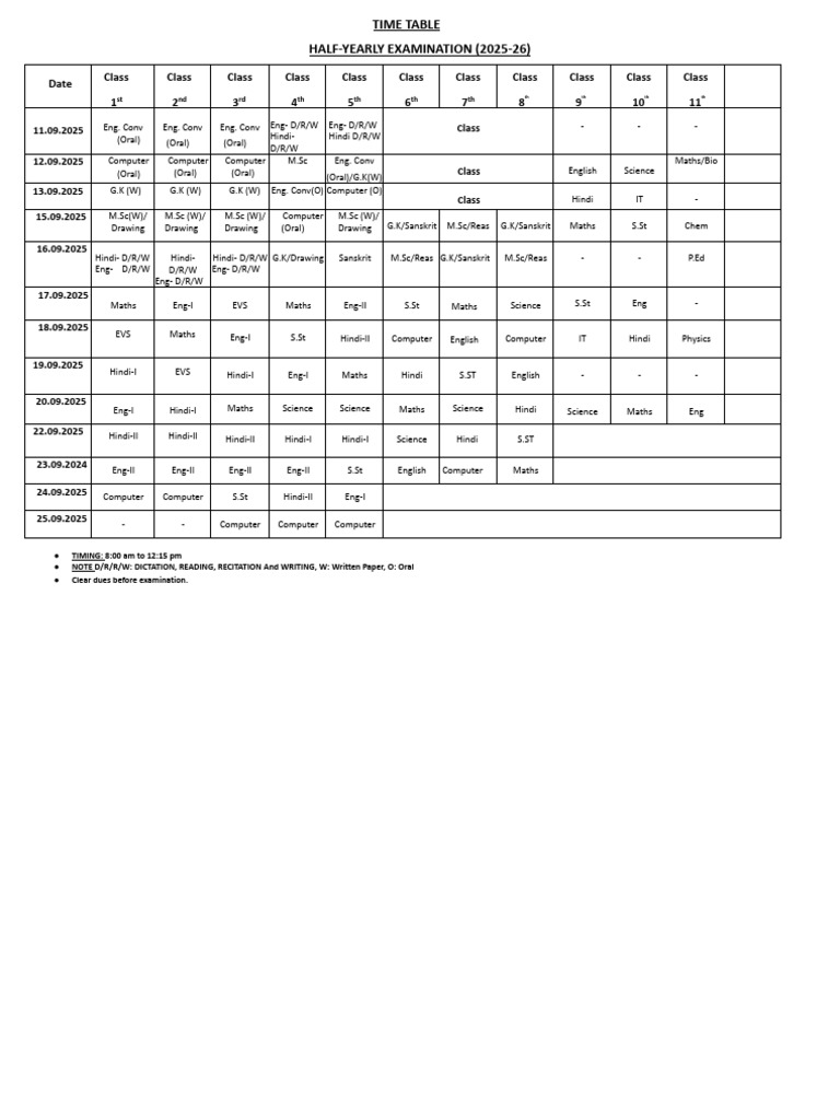 Half-Yearly Exam Timetable 2025-26 | PDF