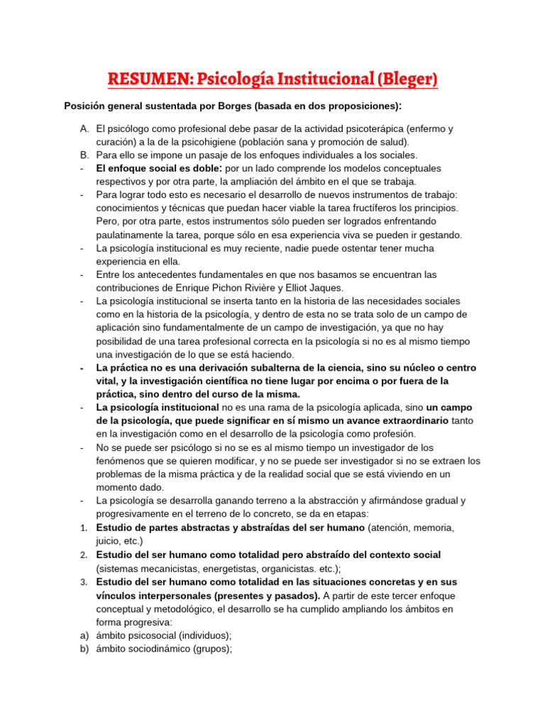 RESUMEN - Psicología Institucional (Bleger) | PDF | Sicología | Institución