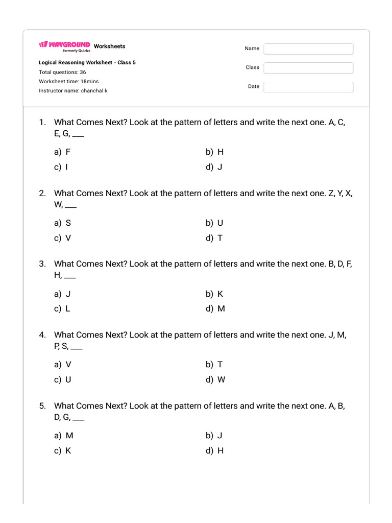 Class 5 Logical Reasoning Worksheet | PDF