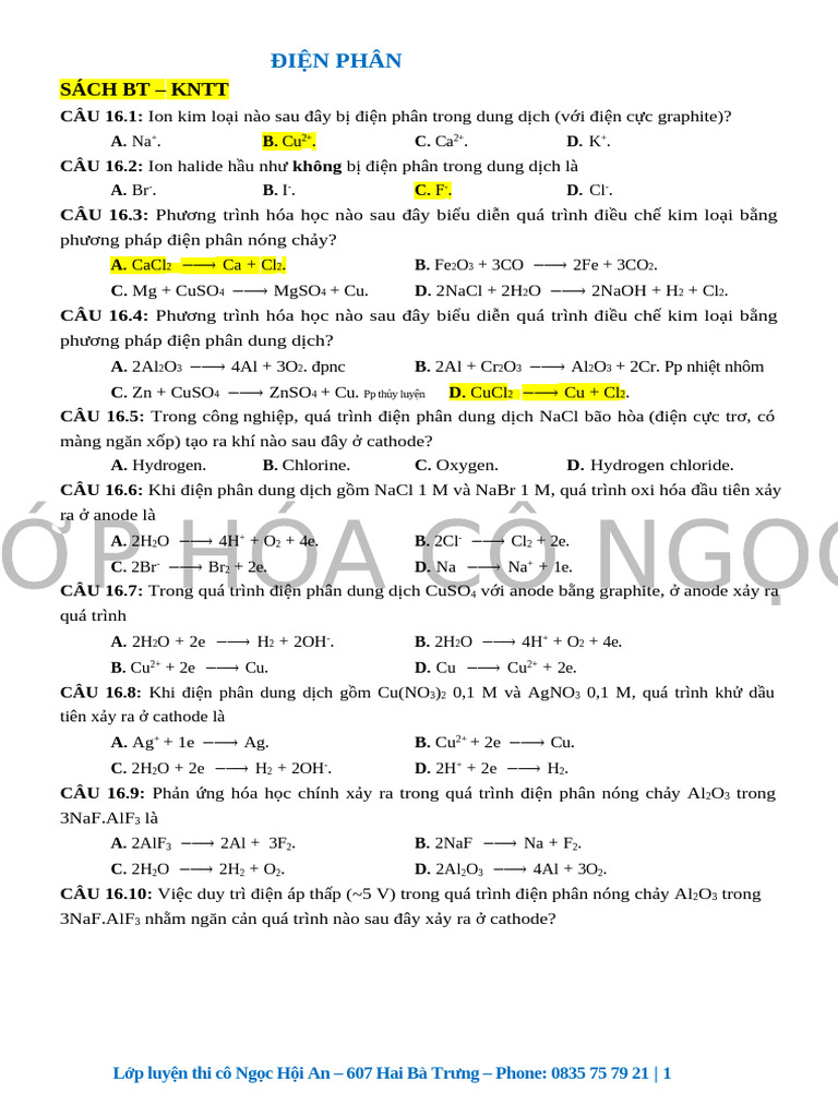 BTRL. Điện phân | PDF