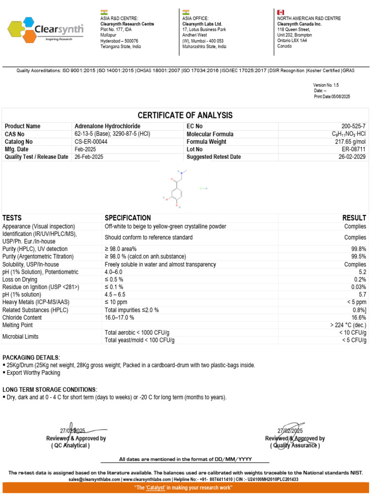 Certificate of Analysis: Adrenalone HCl | PDF | Physical Sciences ...