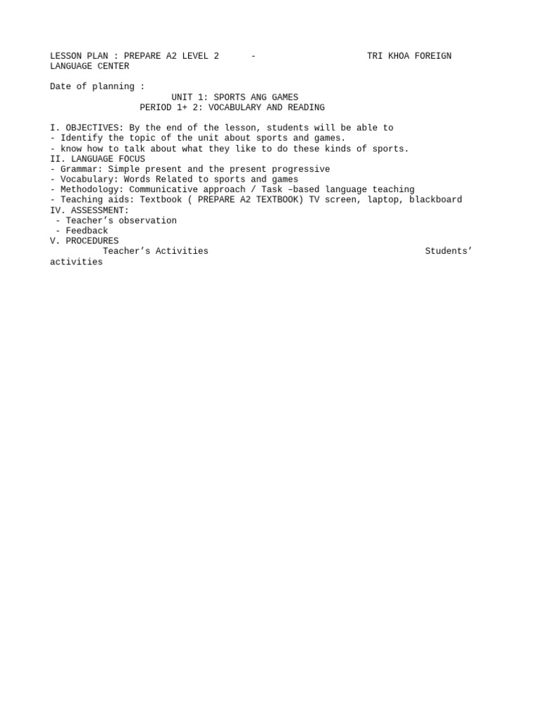 A2 Level Lesson Plan: Sports & Daily Activities | PDF | Language ...
