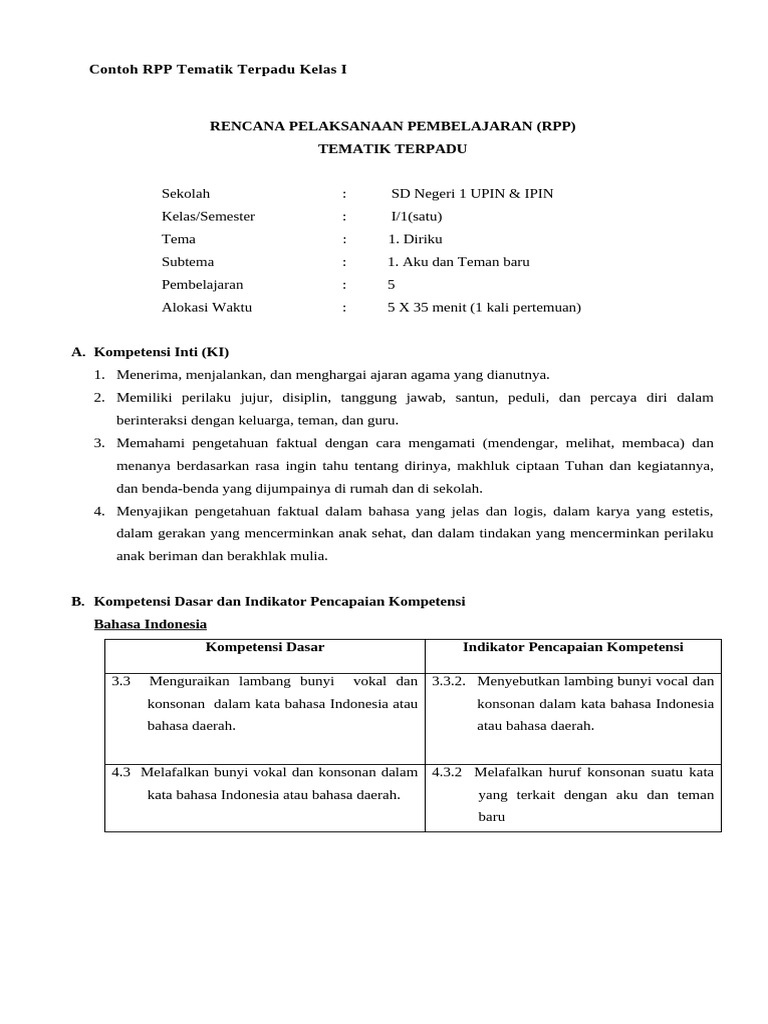 Contoh RPP Tematik Terpadu Kelas 1 | PDF