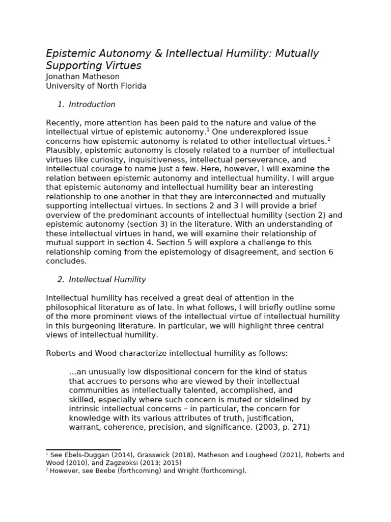 Epistemic Autonomy & Intellectual Humility: Mutually Supporting Virtues ...