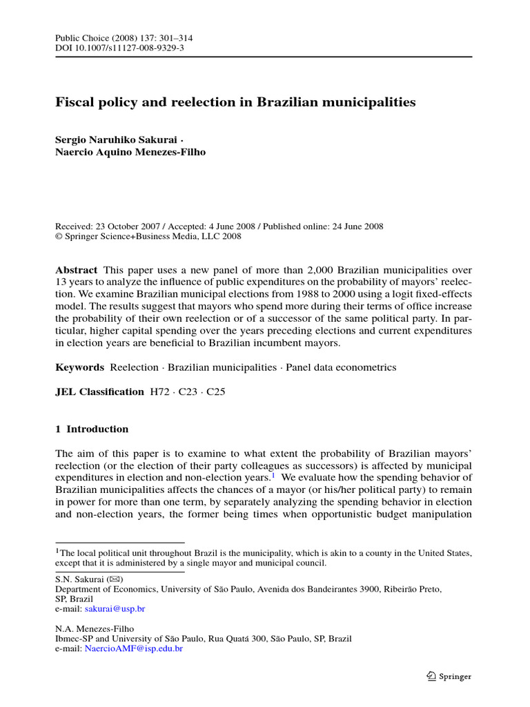 Fiscal Policy and Reelection in Brazilian Municipalities | PDF