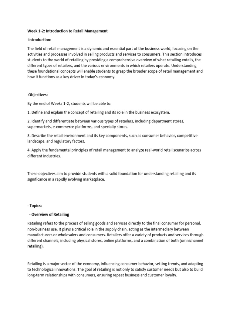 Week 1 2 Introduction To Retail Management | PDF | Retail | Pricing