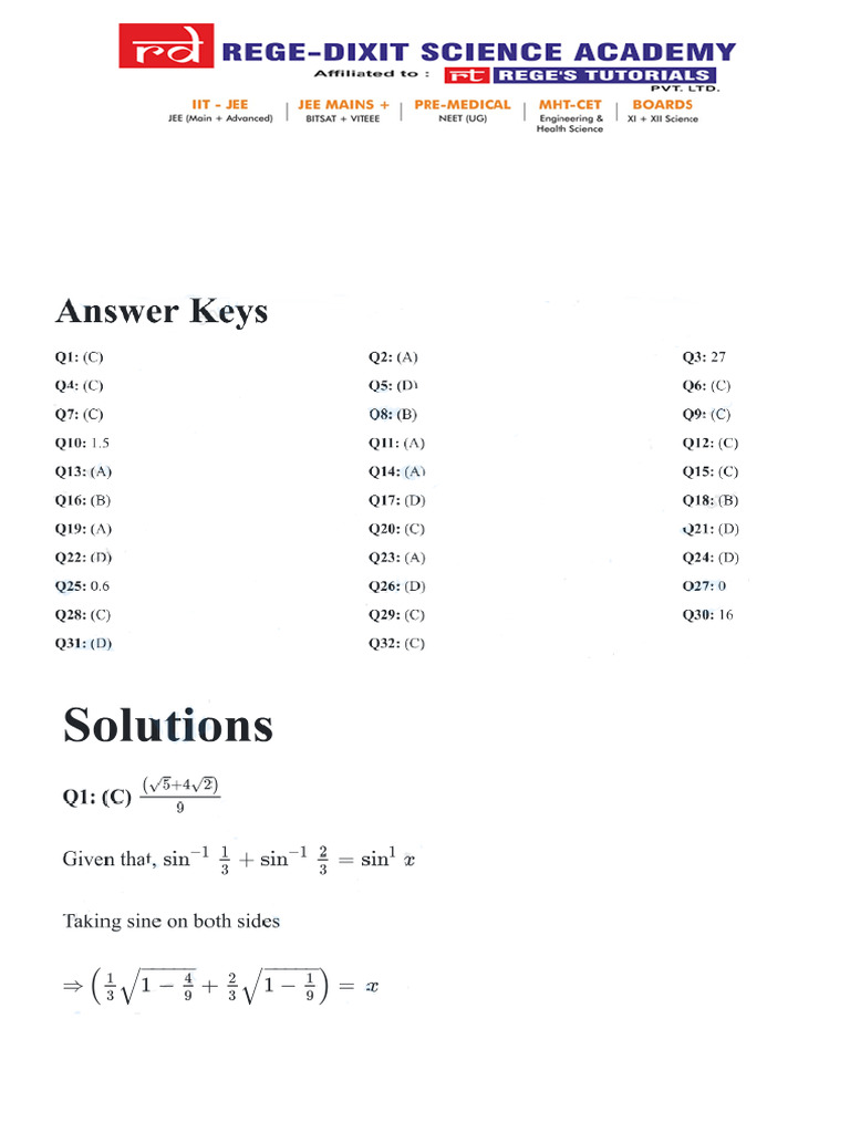 12th Jee Inv Trigo Worksheet Solution | PDF