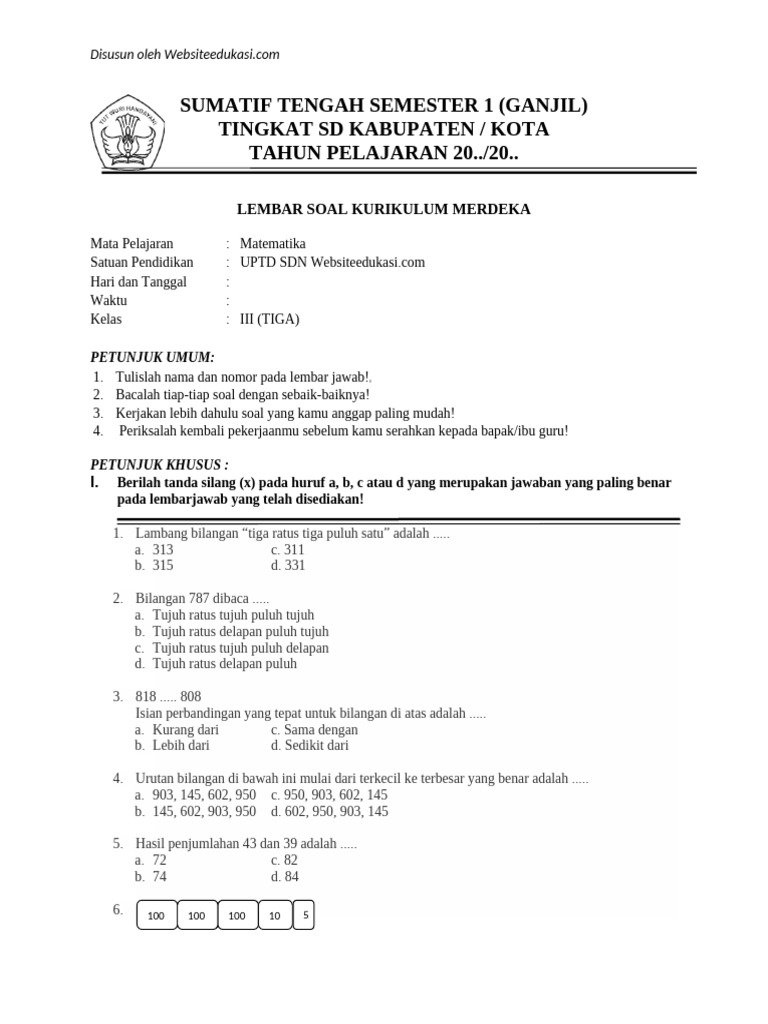 STS 1 Kelas III - MTK New (Websiteedukasi.com) | PDF