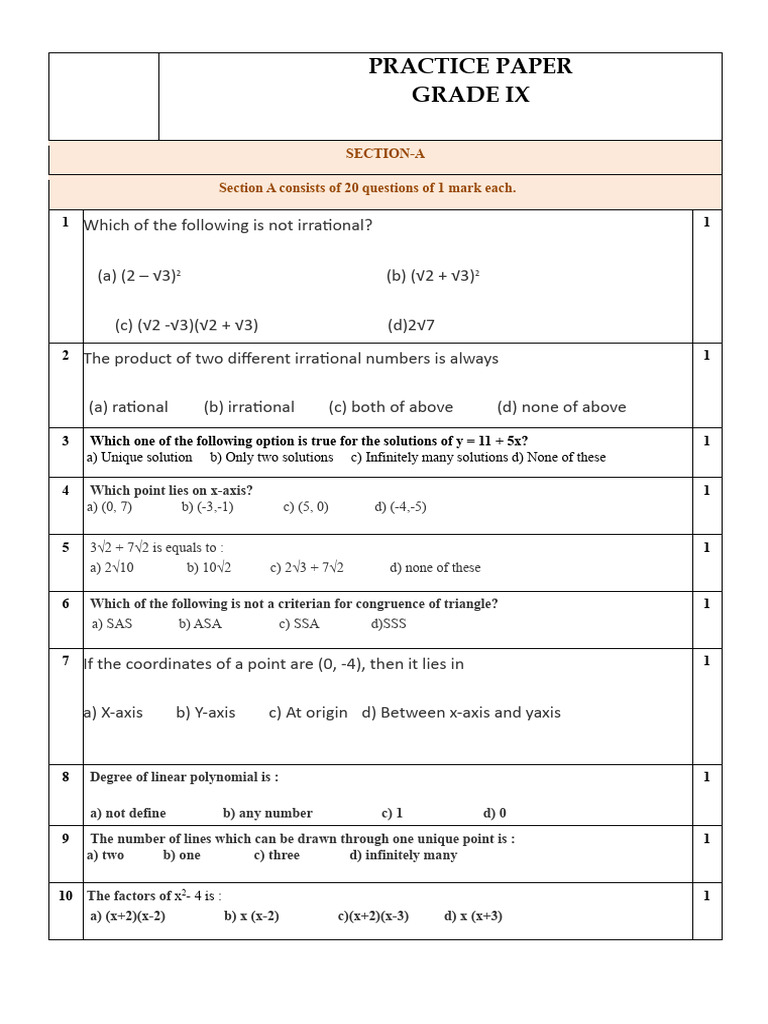 Grade IX Math Practice Paper | PDF | Elementary Mathematics | Geometry