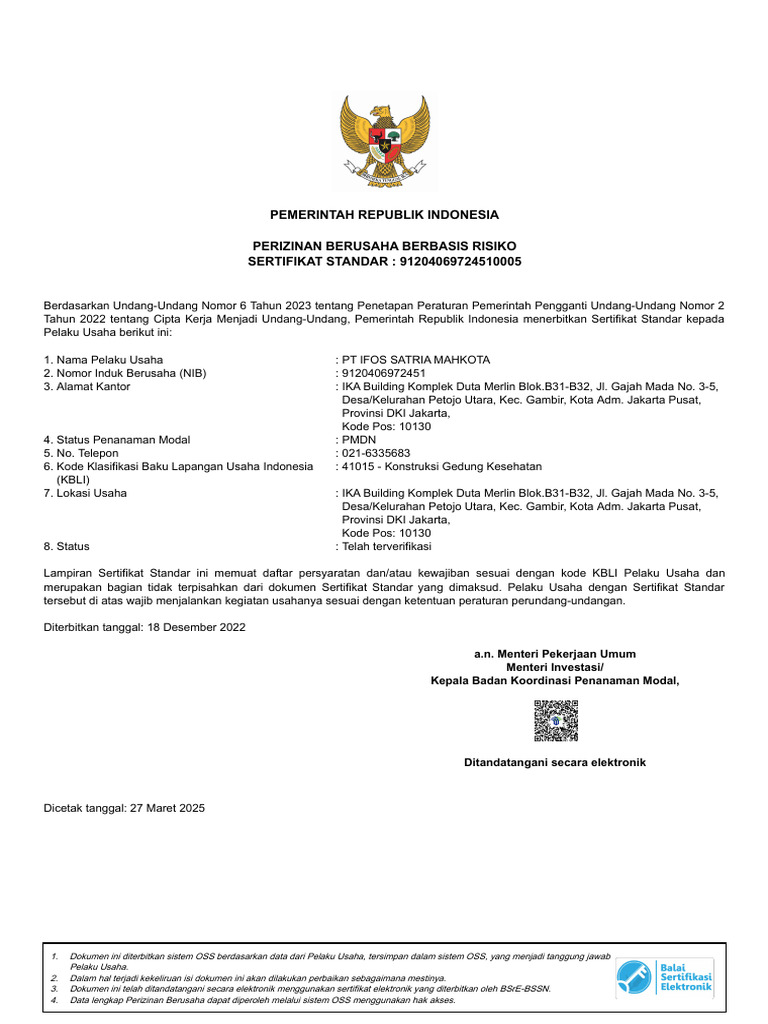 Sertifikat Standar 41015 BG005 Pt. Ifos | PDF