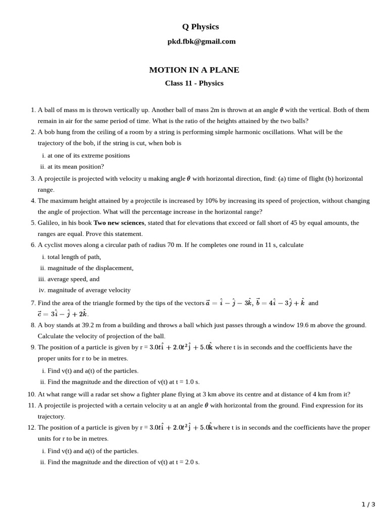 Motion in A Plane Work Sheet | PDF | Applied And Interdisciplinary Physics | Physical Quantities