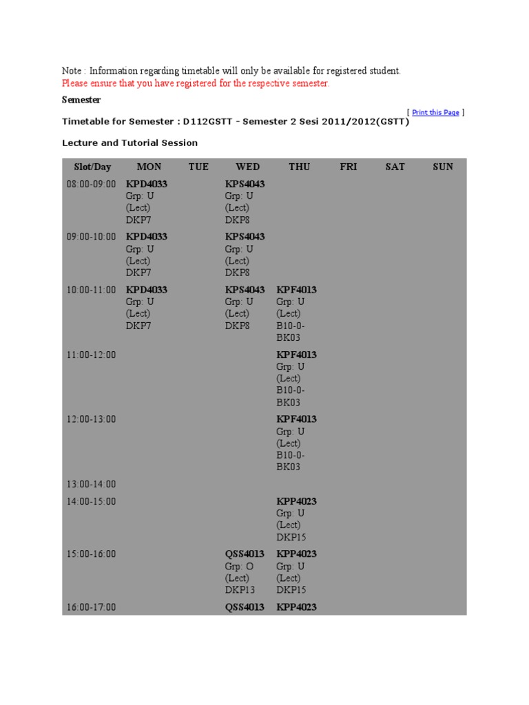 Semester 2 Timetable 2011/2012 | PDF