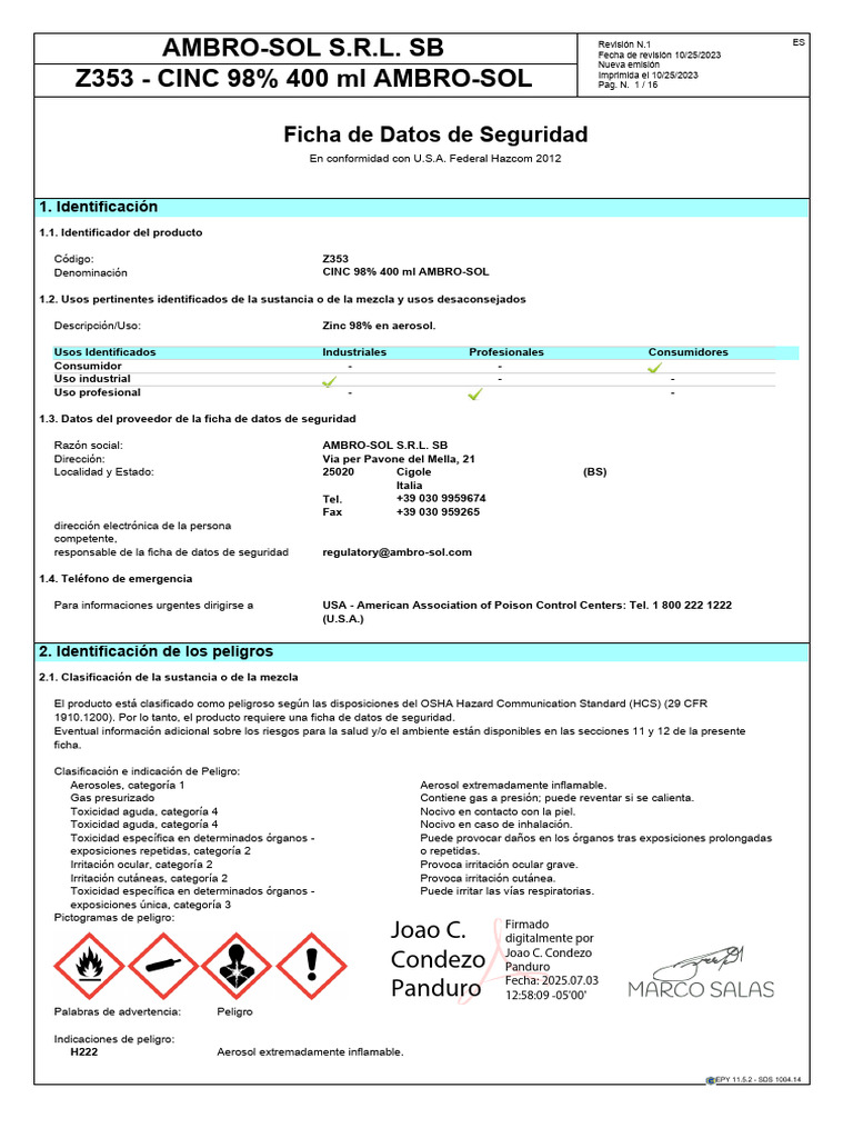 23. MSDS_ZINC 98 | PDF | Agua | Ácido