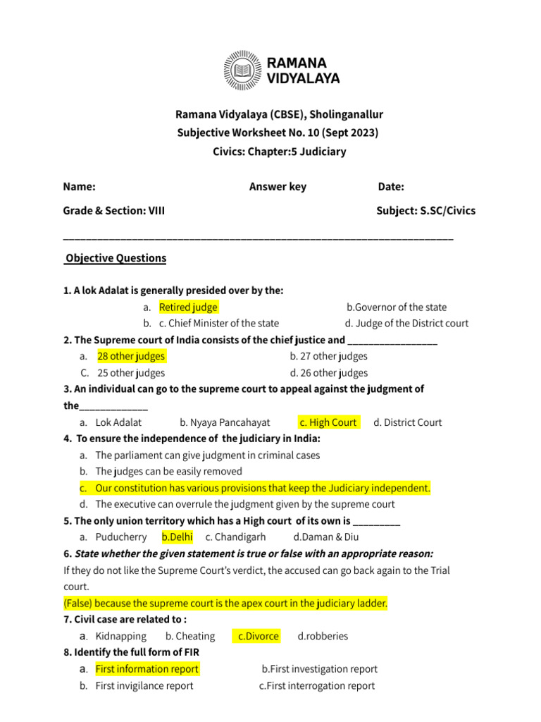 Civics Worksheet: Indian Judiciary Insights | PDF | Judiciaries ...