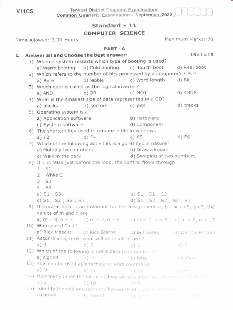 11th Computer Science EM Quarterly Exam 2022 Original Question Paper ...