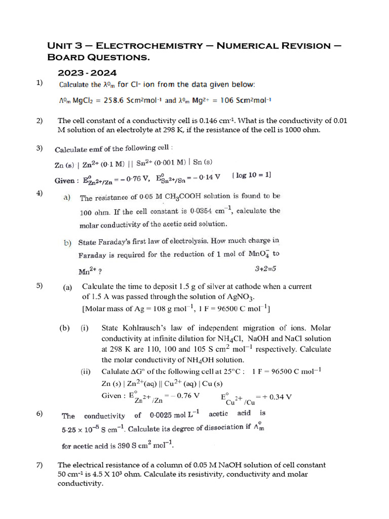 Unit 2 - Electrochemistry - Numericals | PDF | Electrochemistry | Ph