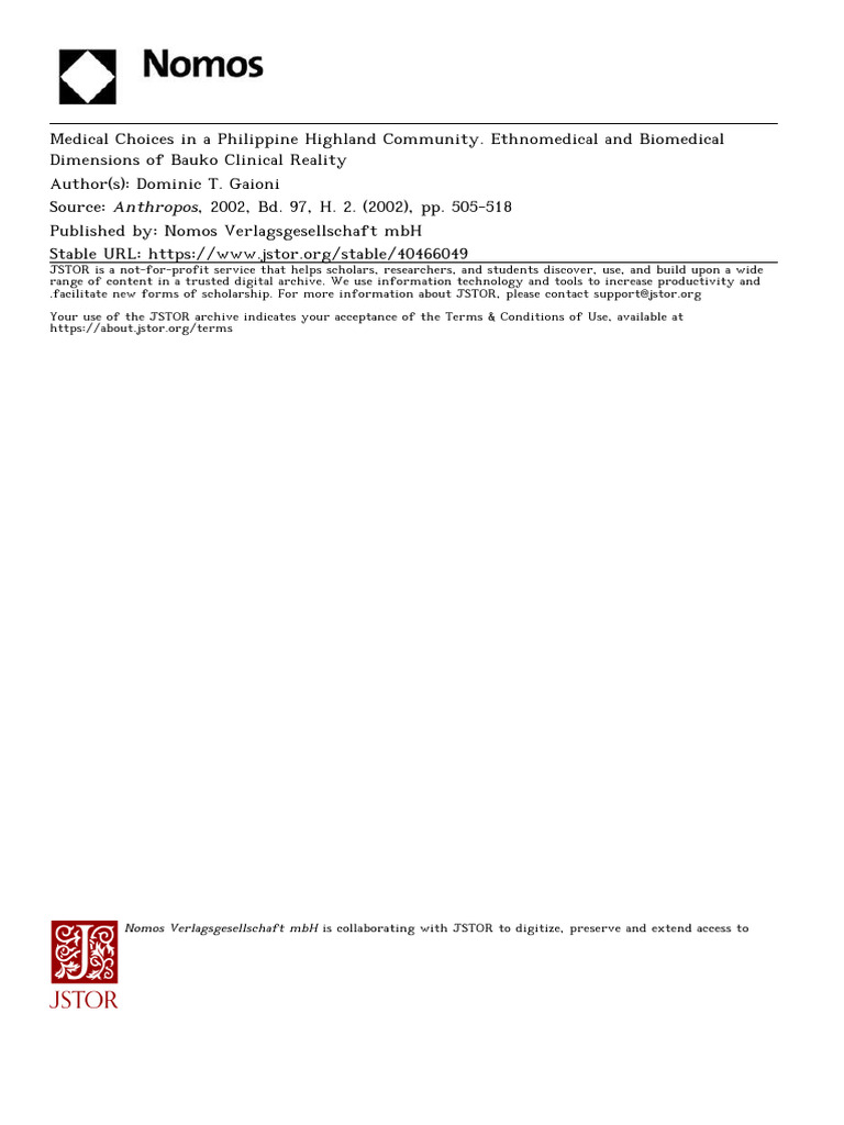 Medical Choices in A Philippine Highland Community. Ethnomedical and ...