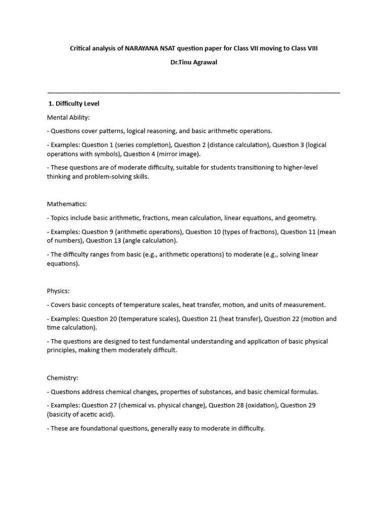 Critical Analysis of NARAYANA NSAT Question Paper Class VIII | PDF ...