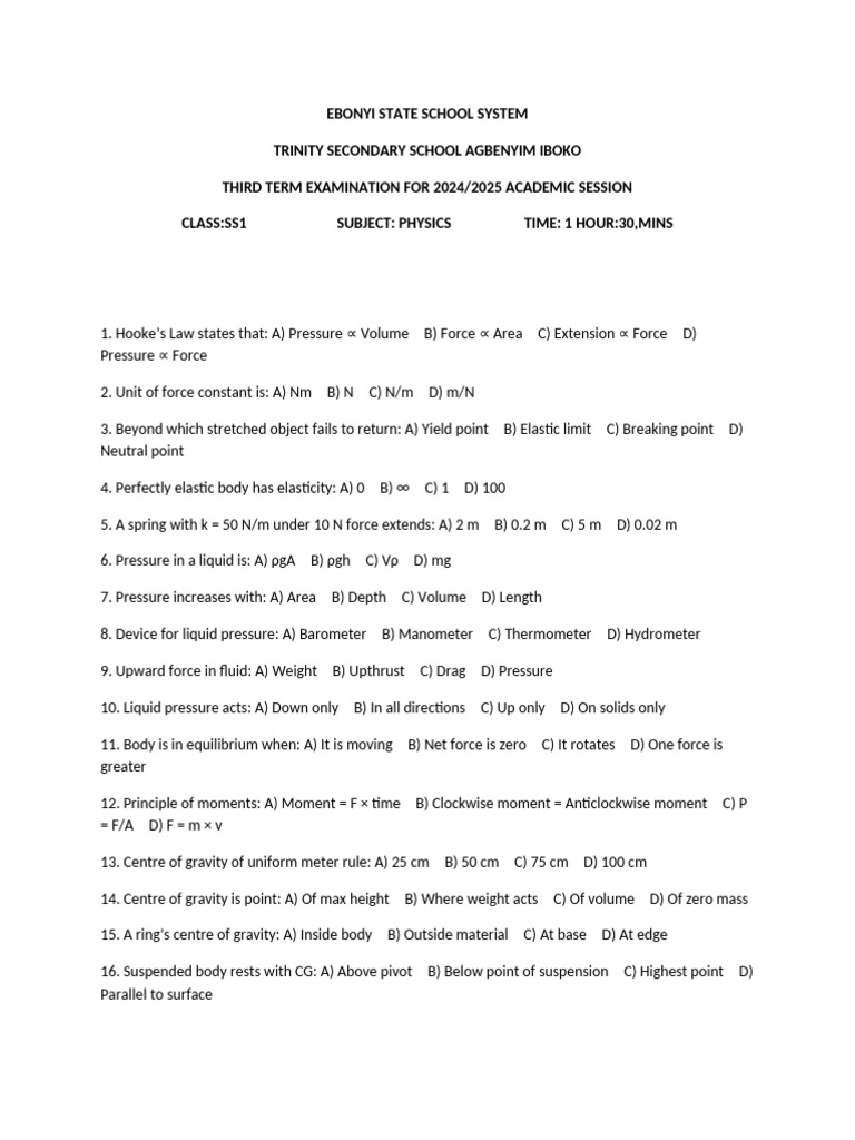 ss1 physics third term exam | PDF | Buoyancy | Density