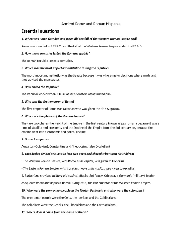 Essential Questions Ancient Rome and Hispania | PDF | Ancient Rome ...